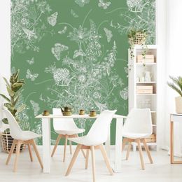 Bilderwelten Fototapete Schmetterlinge um Blumeninsel vor Gr&uuml;n Landhaus,Botanik Blume,Tiere Schmetterlinge Wohnzimmer,Schlafzimmer Vliestapete