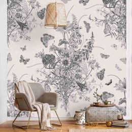 Bilderwelten Fototapete Blumen Landhaus Wandtapete schwarz weiss - Schmetterlinge um Blumeninsel in Schwarz - Schmetterlinge Wohnzimmer Schlafzimmer