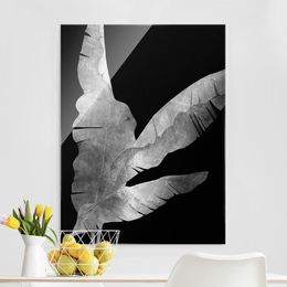 Bilderwelten Glasbild Tropisch schwarz Glas Wandbild - Silber - Bananenpalme auf Schwarz - Pflanzen Wohnzimmer Schlafzimmer