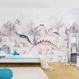 Bilderwelten Fototapete Tiere modern Aquarell bunt - Aquarell Dinowelt - Dinosaurier Kinderzimmer Baby M&auml;dchen Jungen