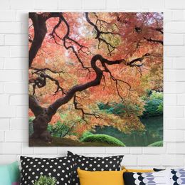 Bilderwelten Leinwandbild Wald Motiv Kunstdruck rot - Japanischer Garten - B&auml;ume XXL Wohnzimmer Schlafzimmer