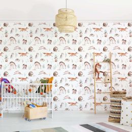 Bilderwelten Fototapete Wald Illustration Aquarell braun - Aquarell Waldtierfreunde Muster - B&auml;ume Kinderzimmer Baby M&auml;dchen Jungen