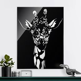 Bilderwelten Glasbild Tiere Illustration schwarz Glas Wandbild - Safari Tiere - Portrait Giraffe Schwarz - Giraffen Wohnzimmer Schlafzimmer