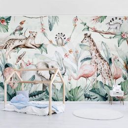 Bilderwelten Fototapete Wald modern Aquarell t&uuml;rkis - Aquarell Afrika Tiere - B&auml;ume Kinderzimmer Baby M&auml;dchen Jungen