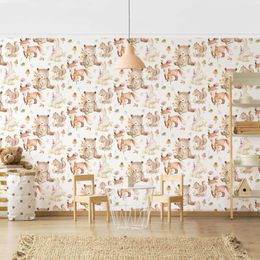 Bilderwelten Fototapete Wald Illustration Aquarell beige - Aquarell Waldtiere B&auml;r und Fuchs - B&auml;ume Kinderzimmer Baby M&auml;dchen Jungen