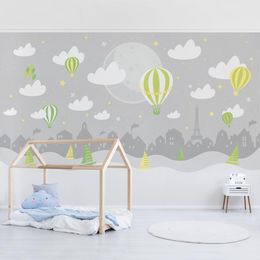 Bilderwelten Fototapete Himmel Illustration Wandtapete grau - Paris mit Sternen und Hei&szlig;luftballon in Grau - Ballon Kinderzimmer Baby M&auml;dchen Jungen