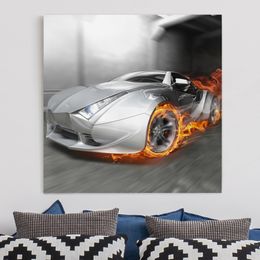 Bilderwelten Leinwandbild Fahrzeuge modern 3D-Effekt Leinwanddruck - Supercar in Flammen - Fahrzeuge XXL Kinderzimmer Baby M&auml;dchen Jungen