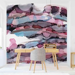 Bilderwelten Fototapete originell Abstrakt Aquarell pink - Wellenreiten in Violett mit Ros&eacute;gold - Deko Wohnzimmer Schlafzimmer