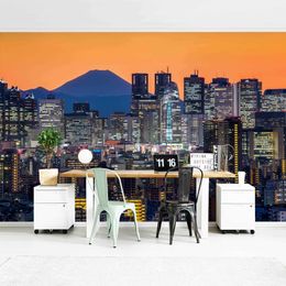 Bilderwelten Fototapete Natur Motiv Wandtapete schwarz - Tokio mit dem Fuji am Abend - Skylines Wohnzimmer Schlafzimmer