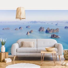 Bilderwelten Fototapete Strand Motiv Wandtapete blau - Inseln im Meer - Meerblick Wohnzimmer Schlafzimmer