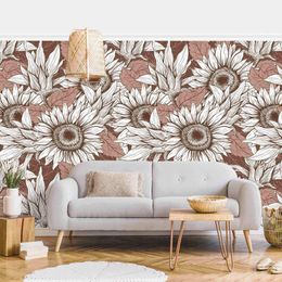 Bilderwelten Fototapete Blumen Landhaus Wandtapete braun - Sonnenblumenfeld in Beige - Deko Wohnzimmer Schlafzimmer