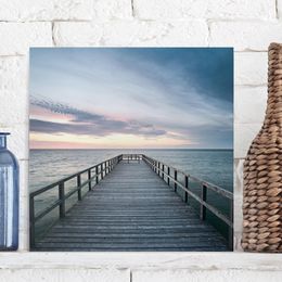 Bilderwelten Leinwandbild Strand Motiv 3D-Effekt blau - Steg Promenade - Himmel XXL Wohnzimmer Schlafzimmer