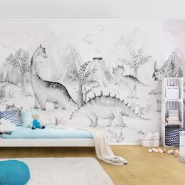 Bilderwelten Fototapete Tiere modern Aquarell schwarz weiss - Aquarell Dinowelt Schwarz Wei&szlig; - Dinosaurier Kinderzimmer Baby M&auml;dchen Jungen