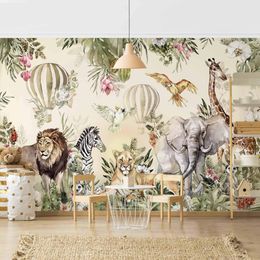 Bilderwelten Fototapete Wald modern Aquarell bunt - Aquarell Savannen Tiere - Ballon Kinderzimmer Baby M&auml;dchen Jungen