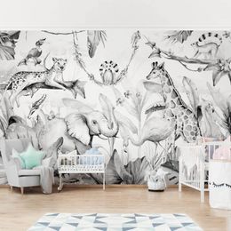 Bilderwelten Fototapete Wald modern Aquarell schwarz weiss - Aquarell Afrika Tiere Schwarz Wei&szlig; - B&auml;ume Kinderzimmer Baby M&auml;dchen Jungen