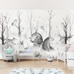 Bilderwelten Fototapete Wald Illustration Aquarell schwarz weiss - Aquarell Waldtierfreunde Schwarz Wei&szlig; - B&auml;ume Kinderzimmer Baby M&auml;dchen Jungen