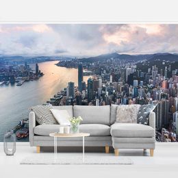 Bilderwelten Fototapete Stadt Motiv Wandtapete grau - Hongkong bei Sonnenaufgang - Architektur Wohnzimmer Schlafzimmer