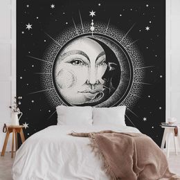 Bilderwelten Fototapete Himmel Vintage Wandtapete schwarz weiss - Vintage Sonne und Mond Illustration - Himmel Wohnzimmer Schlafzimmer