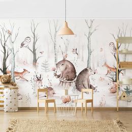 Bilderwelten Fototapete Aquarell Waldtierfreunde Kindertapete M&auml;dchenzimmer Jungenzimmer Kinderzimmer Babyzimmer Baby Vliestapete braun beige selbstklebend Natur