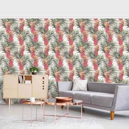 Bilderwelten Fototapete Vliestapete Tropisch Wandtapete rosa - Tropische Ananas mit Palmenbl&auml;ttern - Deko Wohnzimmer Schlafzimmer