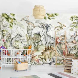 Bilderwelten Fototapete Tiere modern Aquarell gr&uuml;n - Welt der Dinosaurier - Dinosaurier Kinderzimmer Baby M&auml;dchen Jungen