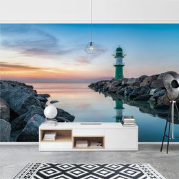 Bilderwelten Fototapete Strand Motiv Wandtapete blau - Sunset at the Lighthouse - Sonnenuntergang Wohnzimmer Schlafzimmer
