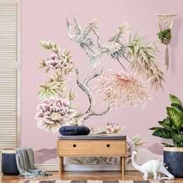 Bilderwelten Fototapete Aquarell St&ouml;rche im Flug mit Blumen auf Rosa Aquarell,Tiere V&ouml;gel,Botanik Rose,Botanik Ranke Schlafzimmer,Wohnzimmer Vliestapete