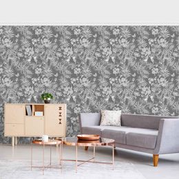 Bilderwelten Fototapete Blumen Tropisch Wandtapete grau - Tropische Blumen vor Grau - Deko Wohnzimmer Schlafzimmer
