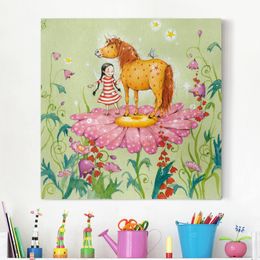 Bilderwelten Leinwandbild Tiere Illustration Kunstdruck gr&uuml;n - Zauberpony Geschichten - Das Zauberpony auf der Bl&uuml;te - Wandbild XXL Kinderzimmer Baby M&auml;dchen