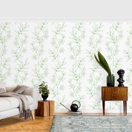 Bilderwelten Fototapete Blumen Landhaus Wandtapete gr&uuml;n - Zarte Blumenrankenlinien in Gr&uuml;n - Deko Wohnzimmer Schlafzimmer