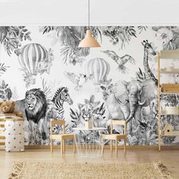 Bilderwelten Fototapete Wald modern Aquarell schwarz weiss - Aquarell Savannen Tiere Schwarz Wei&szlig; - Ballon Kinderzimmer Baby M&auml;dchen Jungen