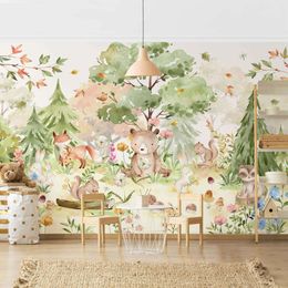 Bilderwelten Fototapete Wald Illustration Aquarell bunt - Aquarell Waldtiere - B&auml;ume Kinderzimmer Baby M&auml;dchen Jungen