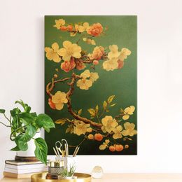 Bilderwelten Leinwandbild Zweig mit Bl&uuml;ten auf T&uuml;rkis