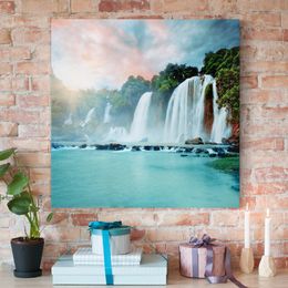 Bilderwelten Leinwandbild Wald Motiv Kunstdruck t&uuml;rkis - Wasserfallpanorama - B&auml;ume XXL Wohnzimmer Schlafzimmer