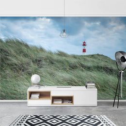 Bilderwelten Fototapete Strand Motiv Wandtapete gr&uuml;n - St&uuml;rmische Zeiten am Leuchtturm - K&uuml;ste Wohnzimmer Schlafzimmer