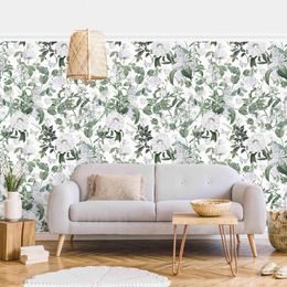 Bilderwelten Fototapete Wei&szlig;e Bl&uuml;ten und Schmetterlinge Wohnzimmer,Schlafzimmer Vliestapete inkl. Kleister oder selbstklebend