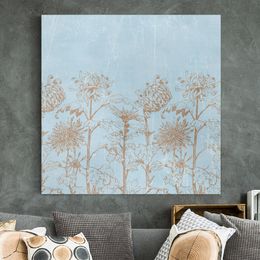 Bilderwelten Leinwandbild Blumen Shabby Kunstdruck blau - Radierung in Blau - Wandbild XXL Wohnzimmer Schlafzimmer