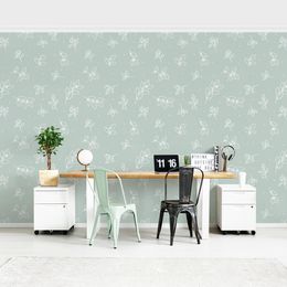 Bilderwelten Fototapete Vliestapete Tropisch Wandtapete gr&uuml;n - Illustrierte Bl&auml;tter Muster Pastell Gr&uuml;n - Pflanzen Wohnzimmer Schlafzimmer