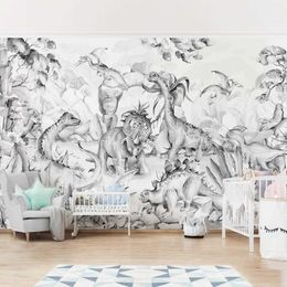 Bilderwelten Fototapete Tiere modern Aquarell schwarz weiss - Welt der Dinosaurier Schwarz Wei&szlig; - Dinosaurier Kinderzimmer Baby M&auml;dchen Jungen