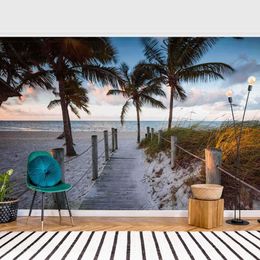 Bilderwelten Fototapete Strand Motiv Wandtapete blau - Palmen am Steg zum Meer - Palme Wohnzimmer Schlafzimmer