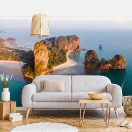Bilderwelten Fototapete Strand Motiv Wandtapete blau - Sonnenaufgang an der K&uuml;ste - Landschaft Wohnzimmer Schlafzimmer