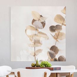 Bilderwelten Leinwandbild Tropisch Kunstdruck gold - Goldene Eukalyptuszweige mit Wei&szlig; II - Wandbild XXL Wohnzimmer Schlafzimmer