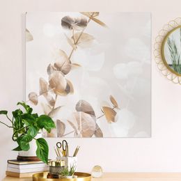 Bilderwelten Leinwandbild Tropisch Kunstdruck gold - Goldene Eukalyptuszweige mit Wei&szlig; I - Wandbild XXL Wohnzimmer Schlafzimmer