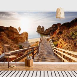 Bilderwelten Fototapete Strand Motiv 3D-Effekt orange - Traumstrand in Portugal - Steg Wohnzimmer Schlafzimmer