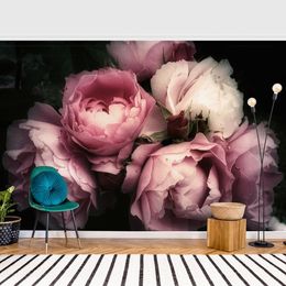 Bilderwelten Fototapete Blumen Landhaus Wandtapete rosa - Pfingstrosen vor Schwarz Shabby - Rose Wohnzimmer Schlafzimmer