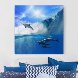 Bilderwelten Leinwandbild Strand Fotomontage Kunstdruck Leinwanddruck - Playing Dolphins - Landschaft XXL Wohnzimmer Schlafzimmer