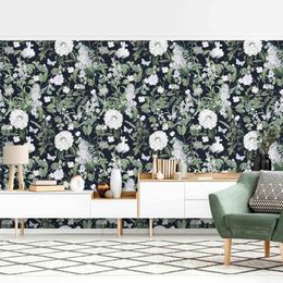 Bilderwelten Fototapete originell Tropisch Wandtapete blau - Wei&szlig;e Bl&uuml;ten und Schmetterlinge auf Blau - Deko Wohnzimmer Schlafzimmer