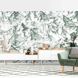 Bilderwelten Fototapete Illustration Berglandschaft Gr&uuml;n Wohnzimmer,Schlafzimmer Vliestapete inkl. Kleister oder selbstklebend
