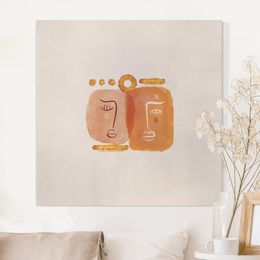 Bilderwelten Leinwandbild Portrait Line Art Kunstdruck beige - Friedliche Zusammenkunft I - Wandbild XXL Wohnzimmer Schlafzimmer