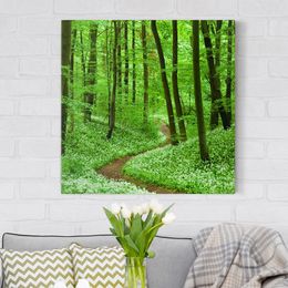 Bilderwelten Leinwandbild Wald Motiv Kunstdruck gr&uuml;n - Romantischer Waldweg - B&auml;ume XXL Wohnzimmer Schlafzimmer